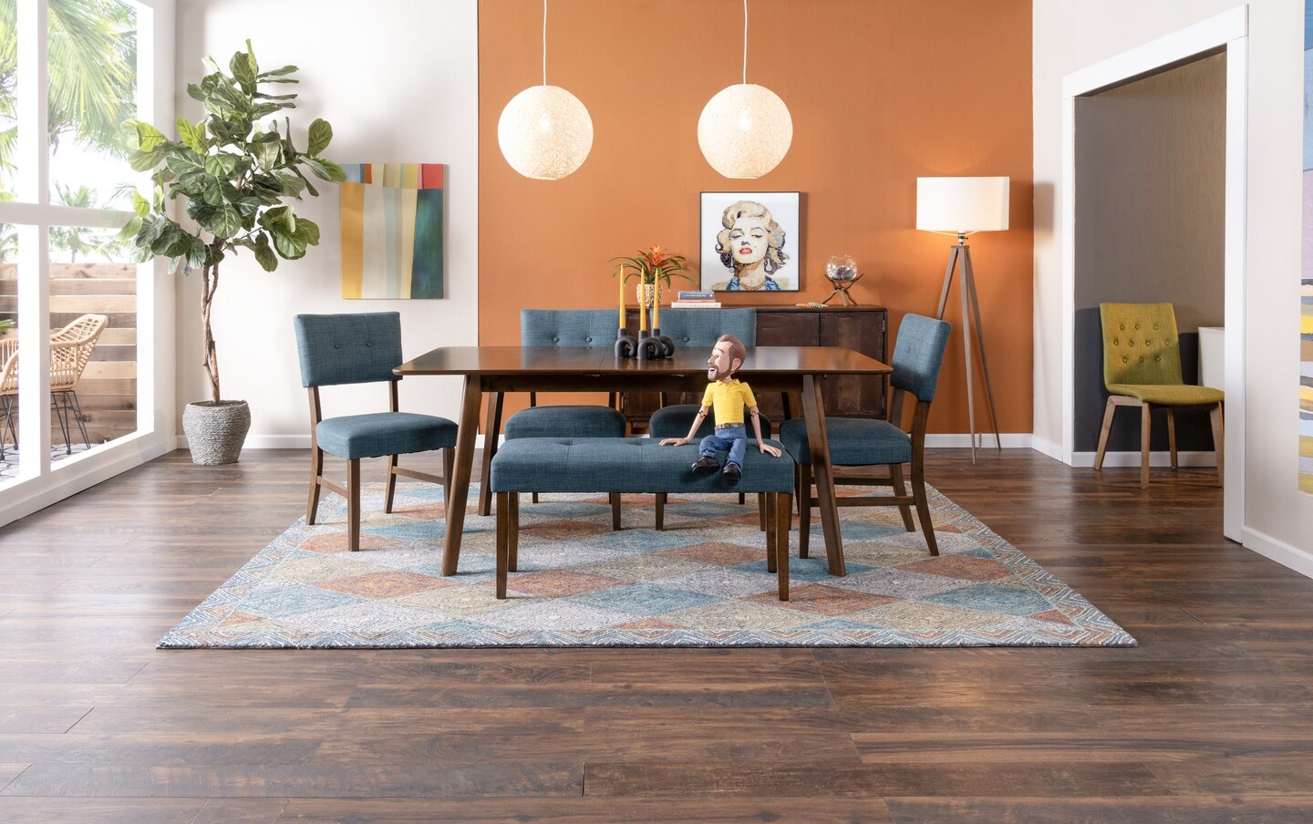Bettie 6 Piece Walnut Rust Upholstered Extendable Dining Set with Bench
