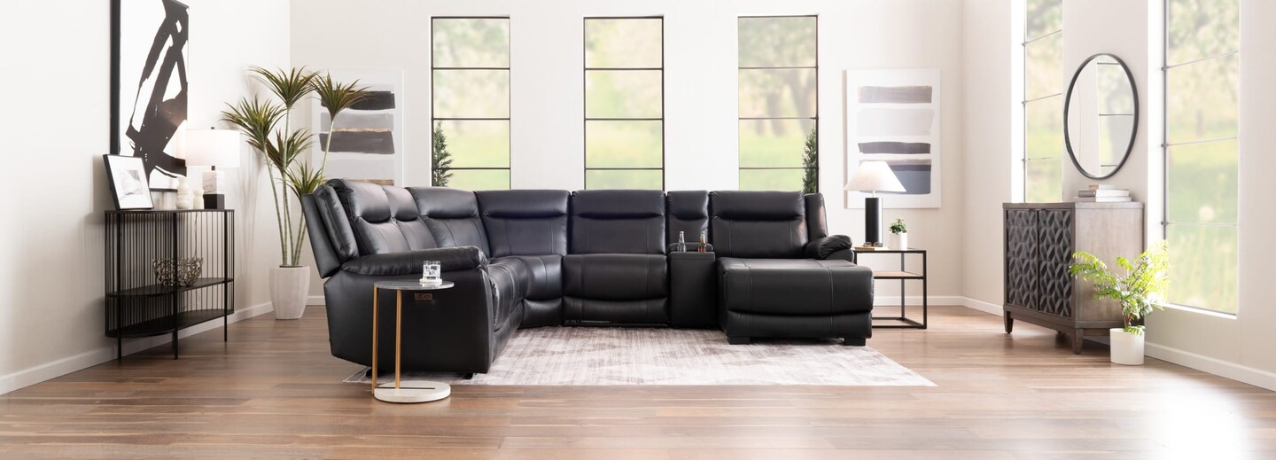 Bobs furniture black leather couch store