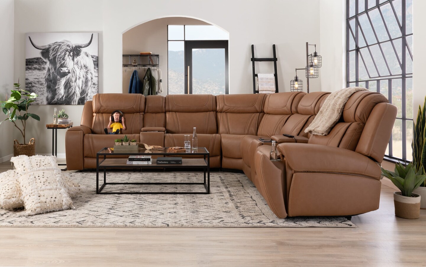 Dynamic Cognac Leather 117.7 5 Piece Power Reclining Sectional with Power Headrest