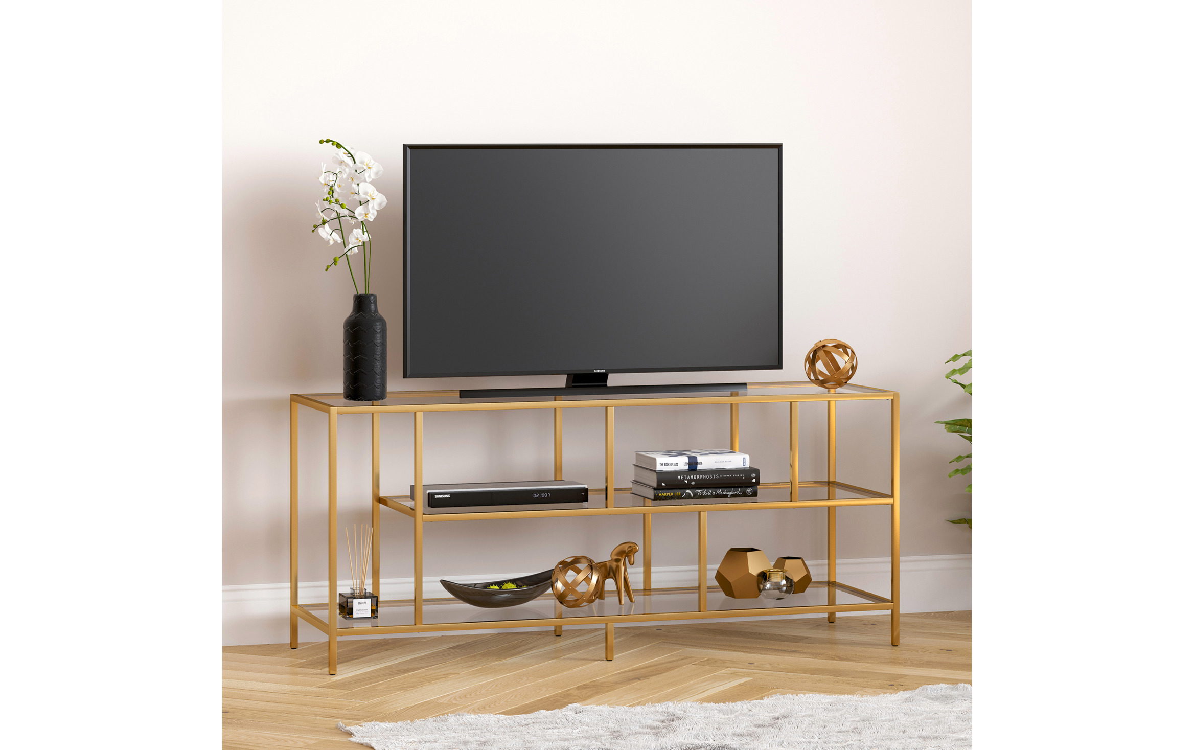 Prest Glass Brass TV Stand | brass_finish | Bob's Discount Furniture ...