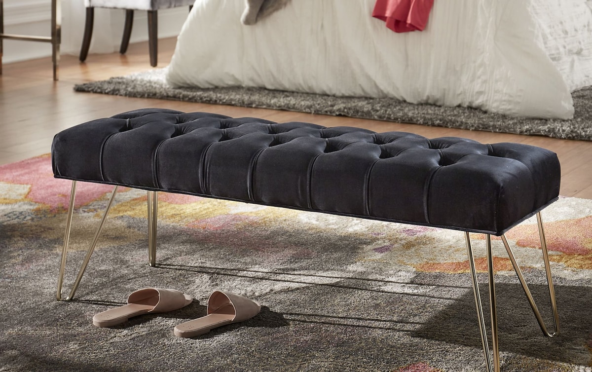 Porsha Black Velvet Tufted Bench | black_color