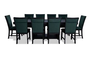 Cosmopolitan 11 Piece Black & Emerald Upholstered Extendable Dining Set ...