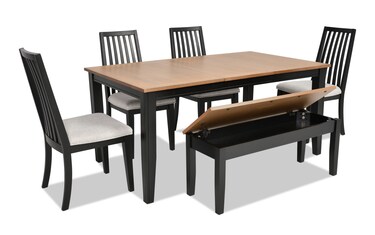 Blake 6 Piece Black & Natural Upholstered Dining Set with Storage Bench ...